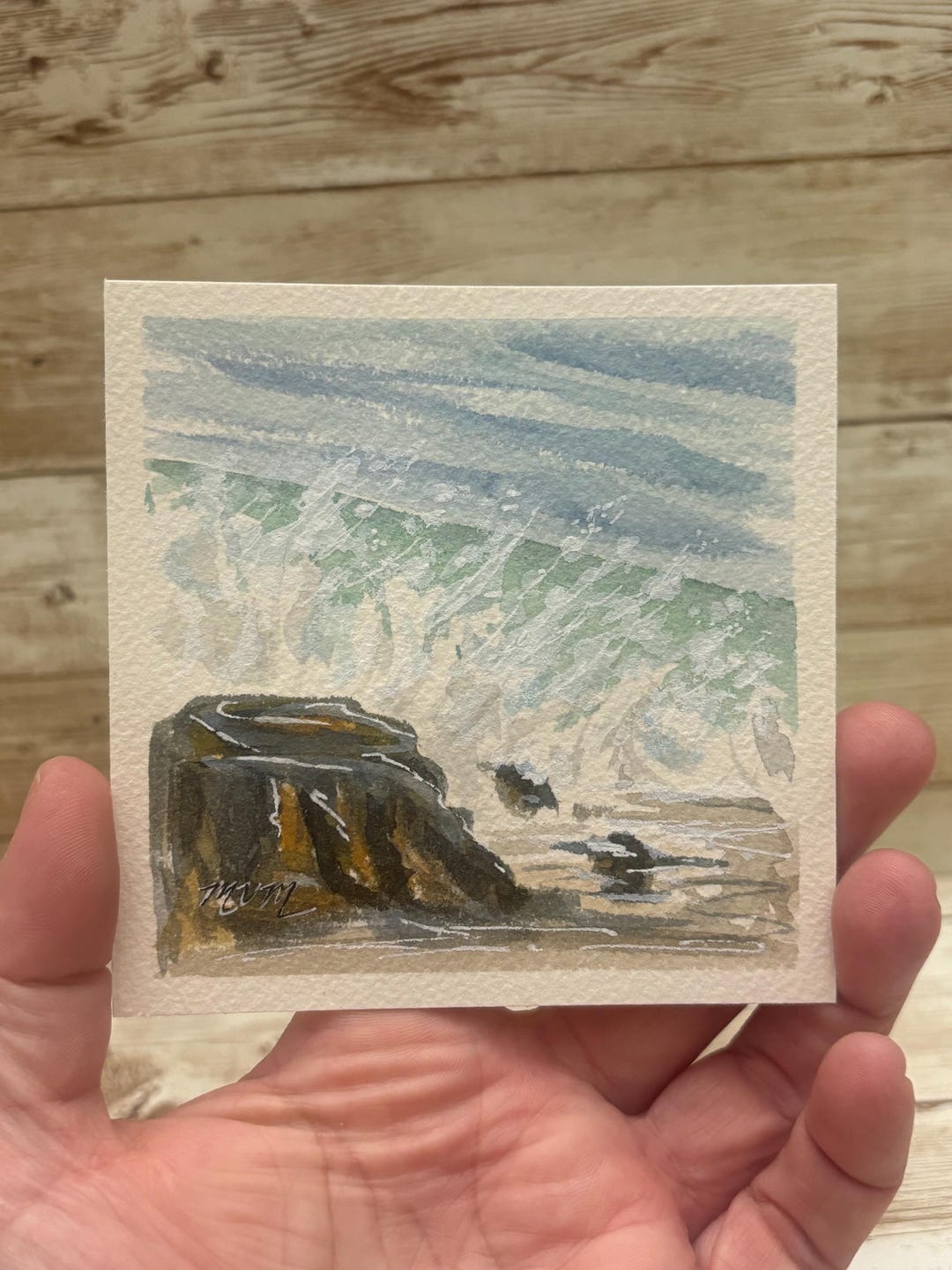 Miniature Watercolor Ocean Painting 4x4" Waves Crashing Over Rocks ...