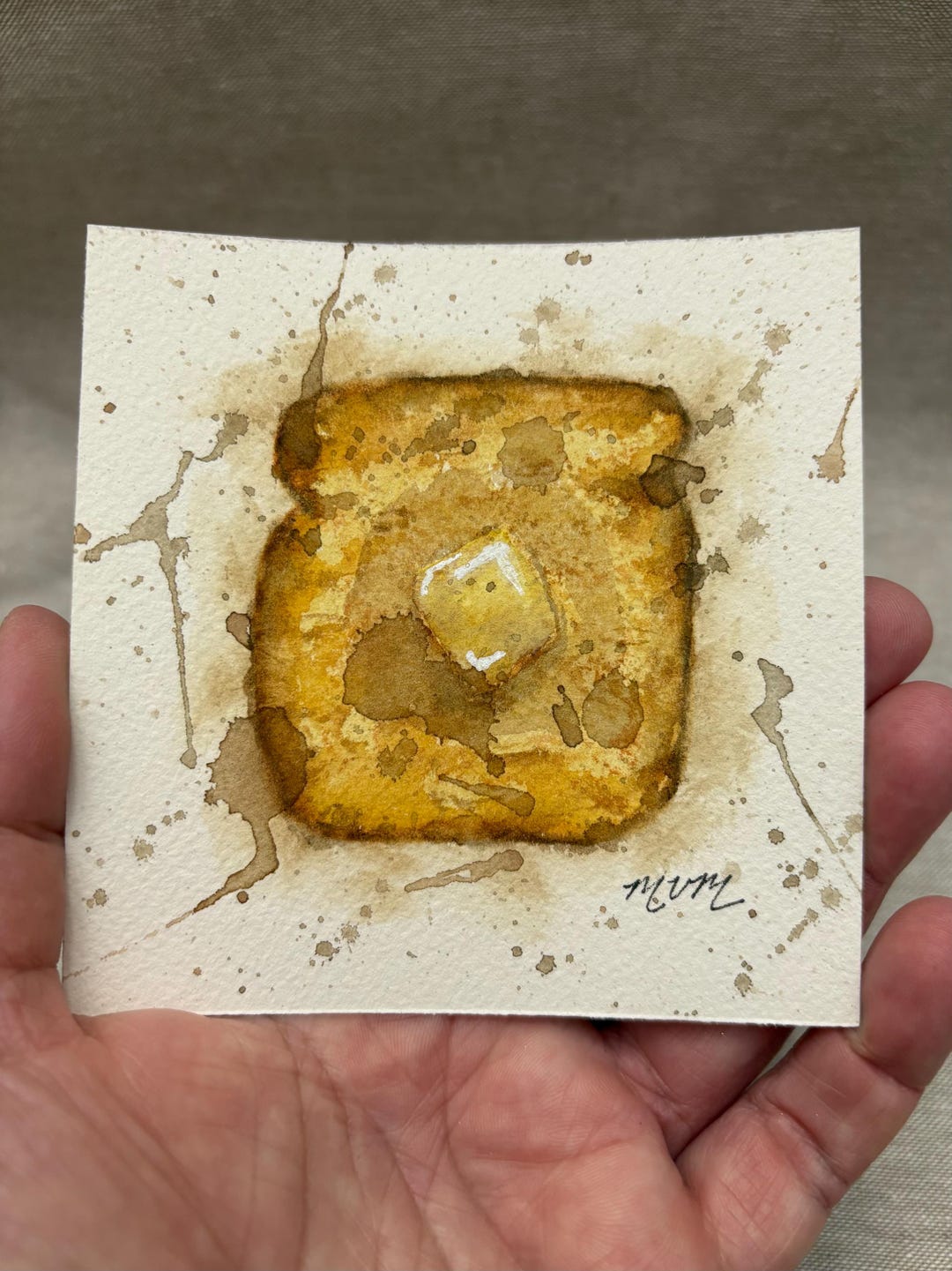 Miniature Watercolor Original Buttered Toast Painting 4x4" Hand Painted ...