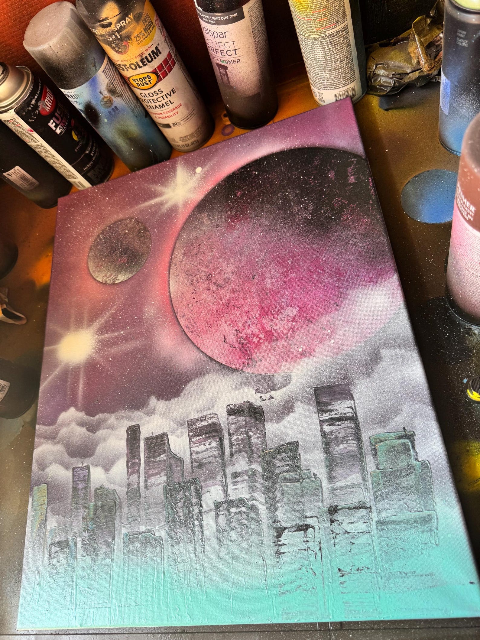 Spray Paint Planet With Cityscape - Etsy