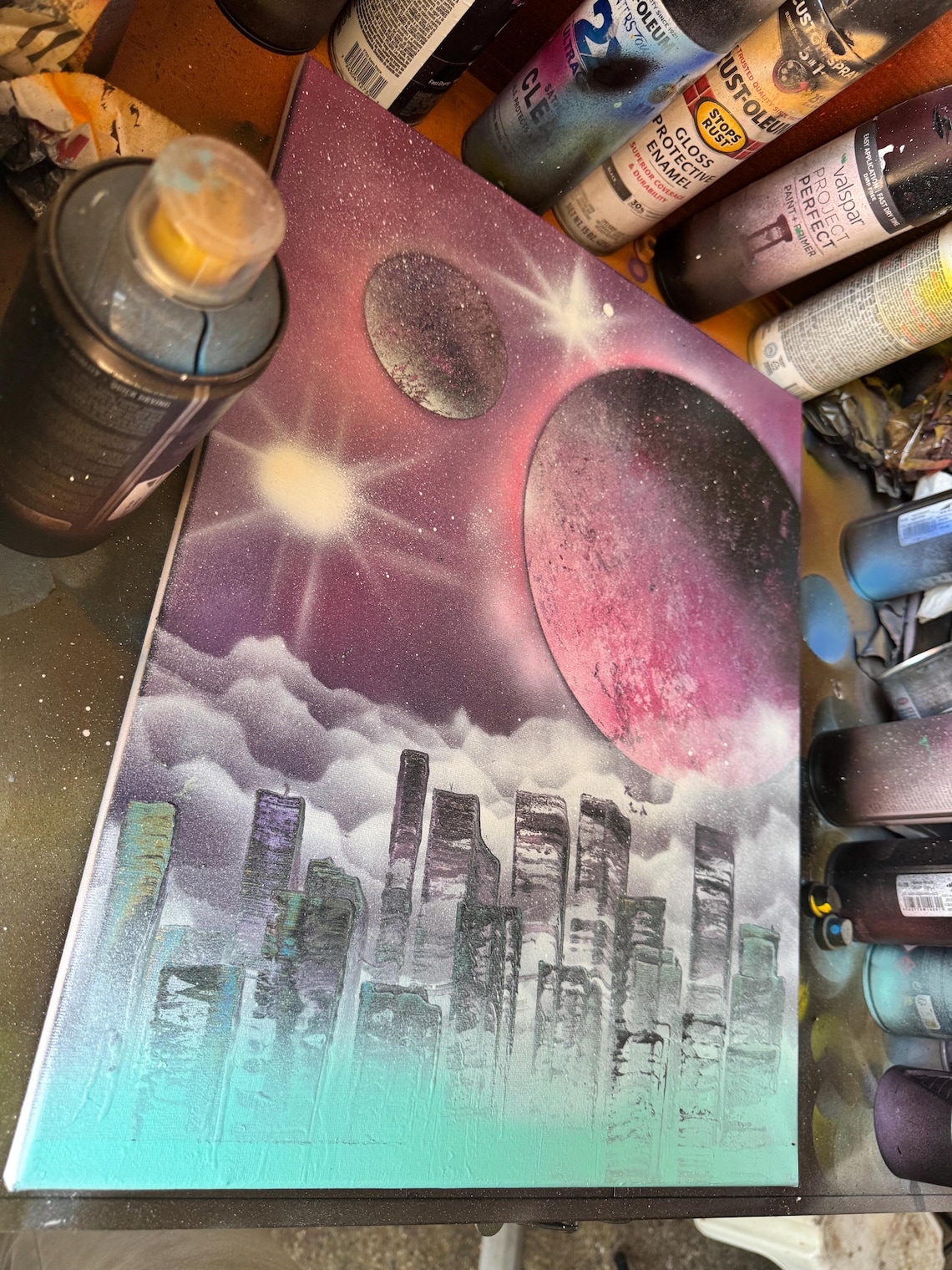Spray Paint Planet With Cityscape - Etsy