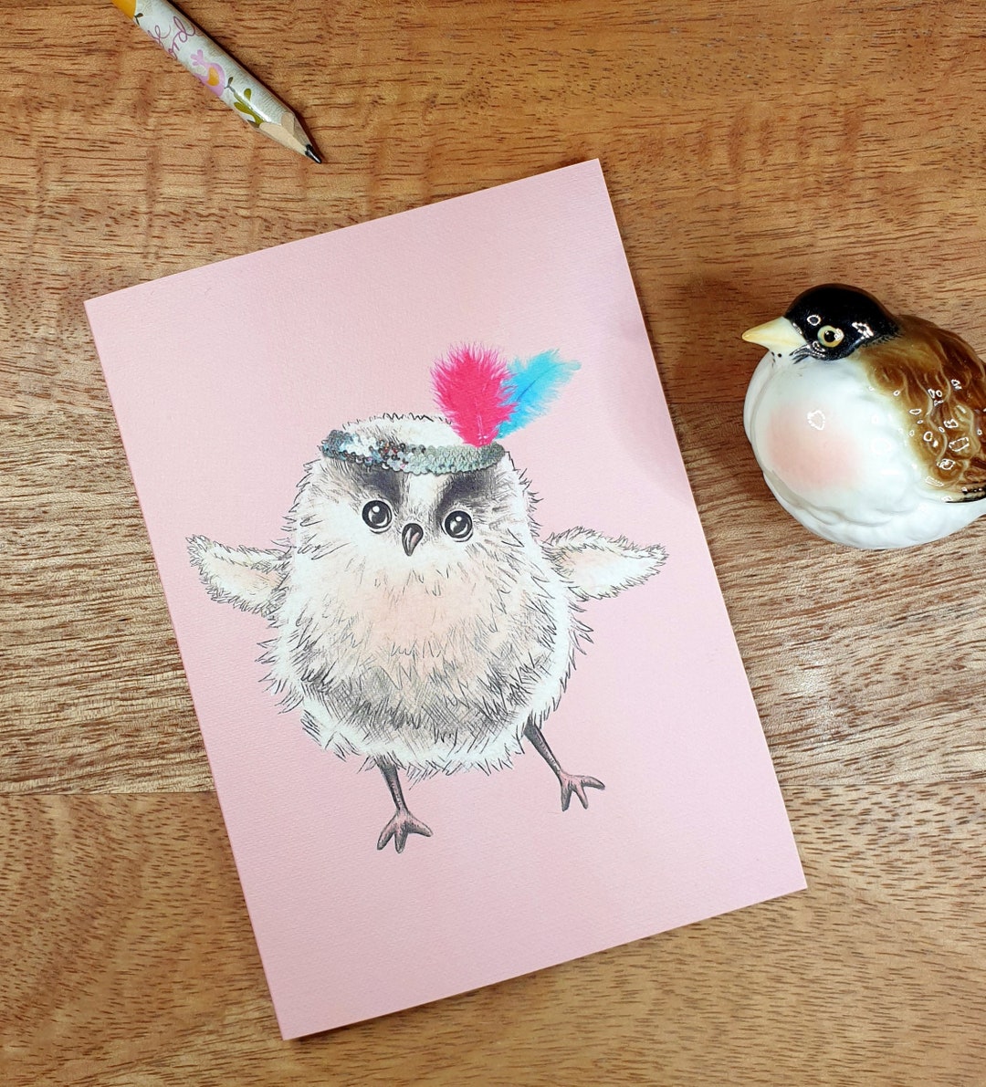 Bird Birthday Card. Baby Bird Card. Pink Bird Card. Feather Brain Card ...