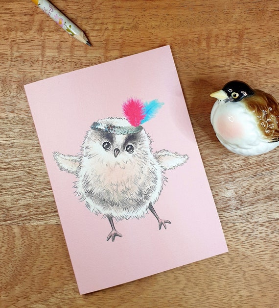 Bird Birthday Card. Baby Bird Card. Pink Bird Card. Feather | Etsy
