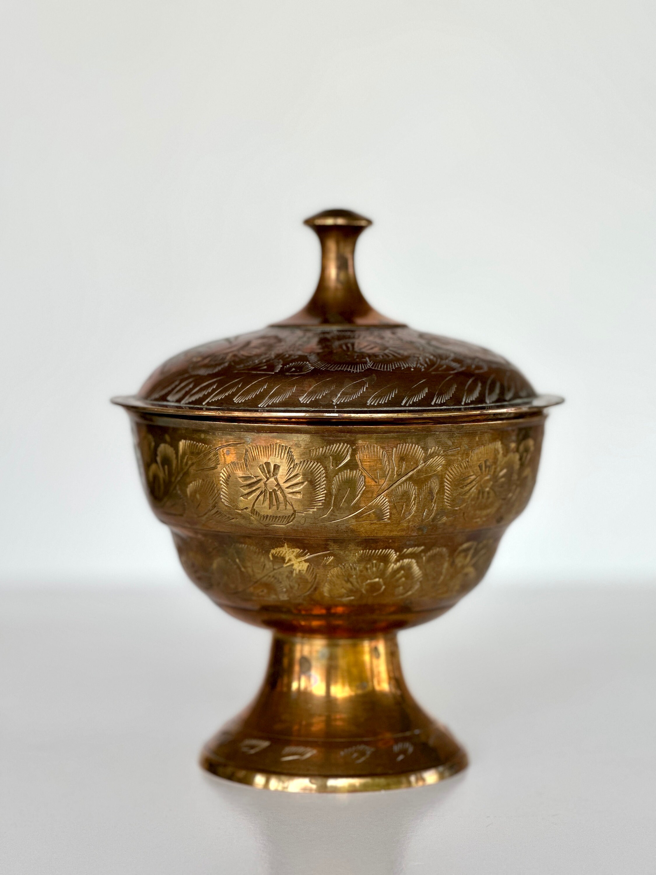 Vintage Etched Brass Pedestal Bowl With Lid Decorative Brass Bowl - Etsy