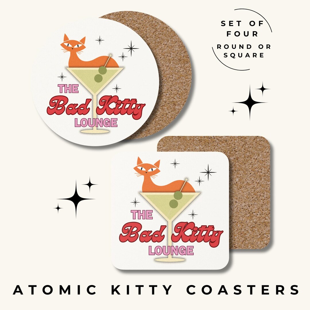 Ceramic Coaster Set, Atomic Cat Design, Retro Vintage Look, Mid Century ...