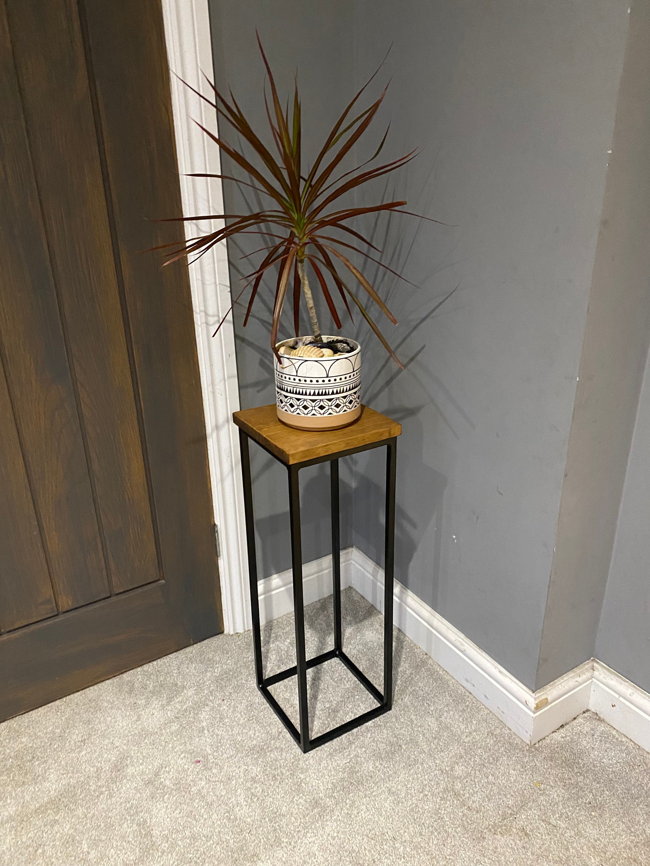 Contemporary Plant Stand Table: Black Metal Frame, Wood Top - Etsy UK