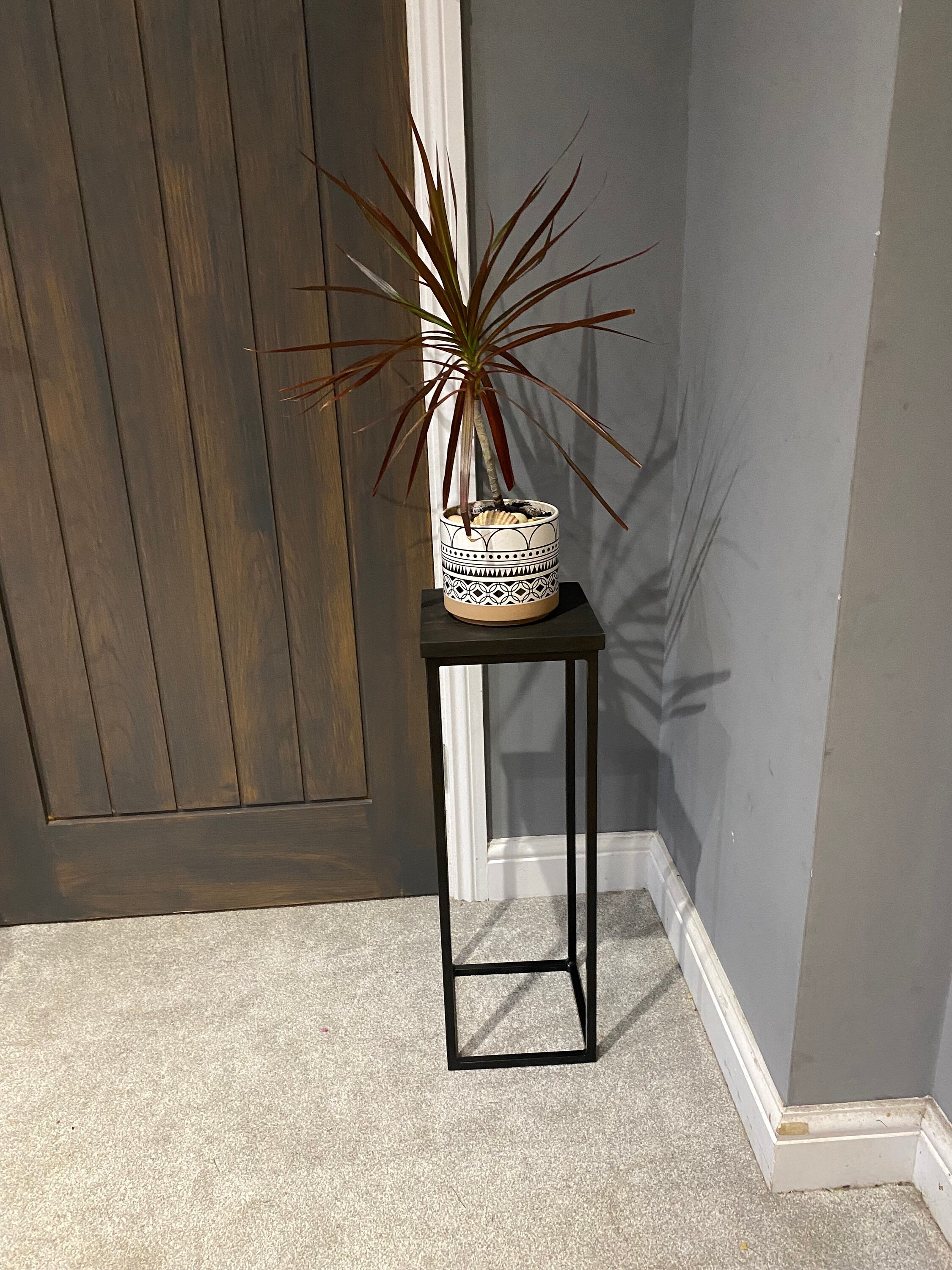 Contemporary Plant Stand Table: Black Metal Frame, Wood Top - Etsy UK