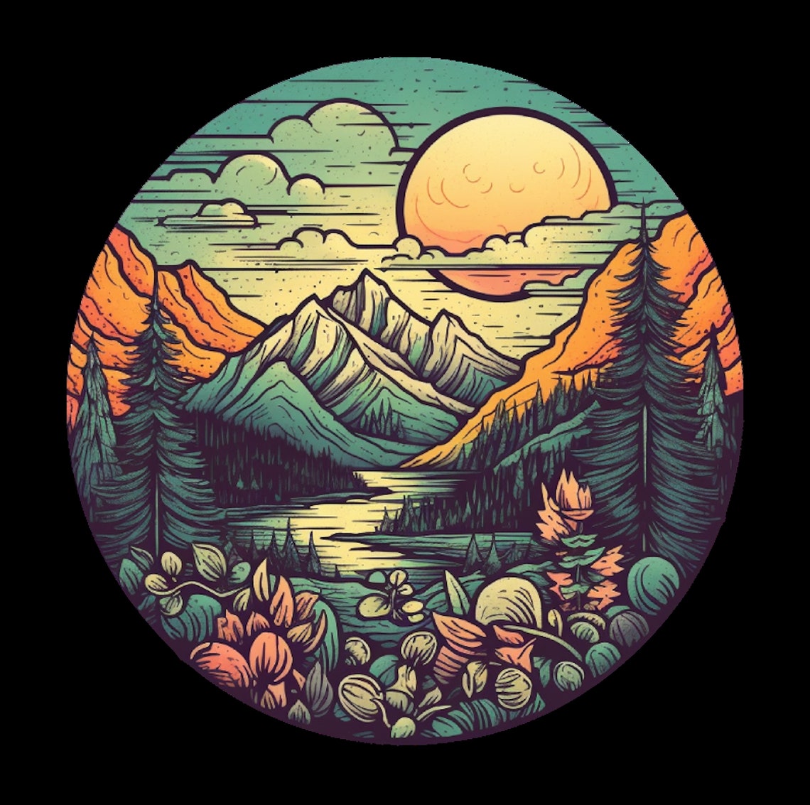 Digital Set of 5 Circle Mountain Art Designs Part 2 - Etsy