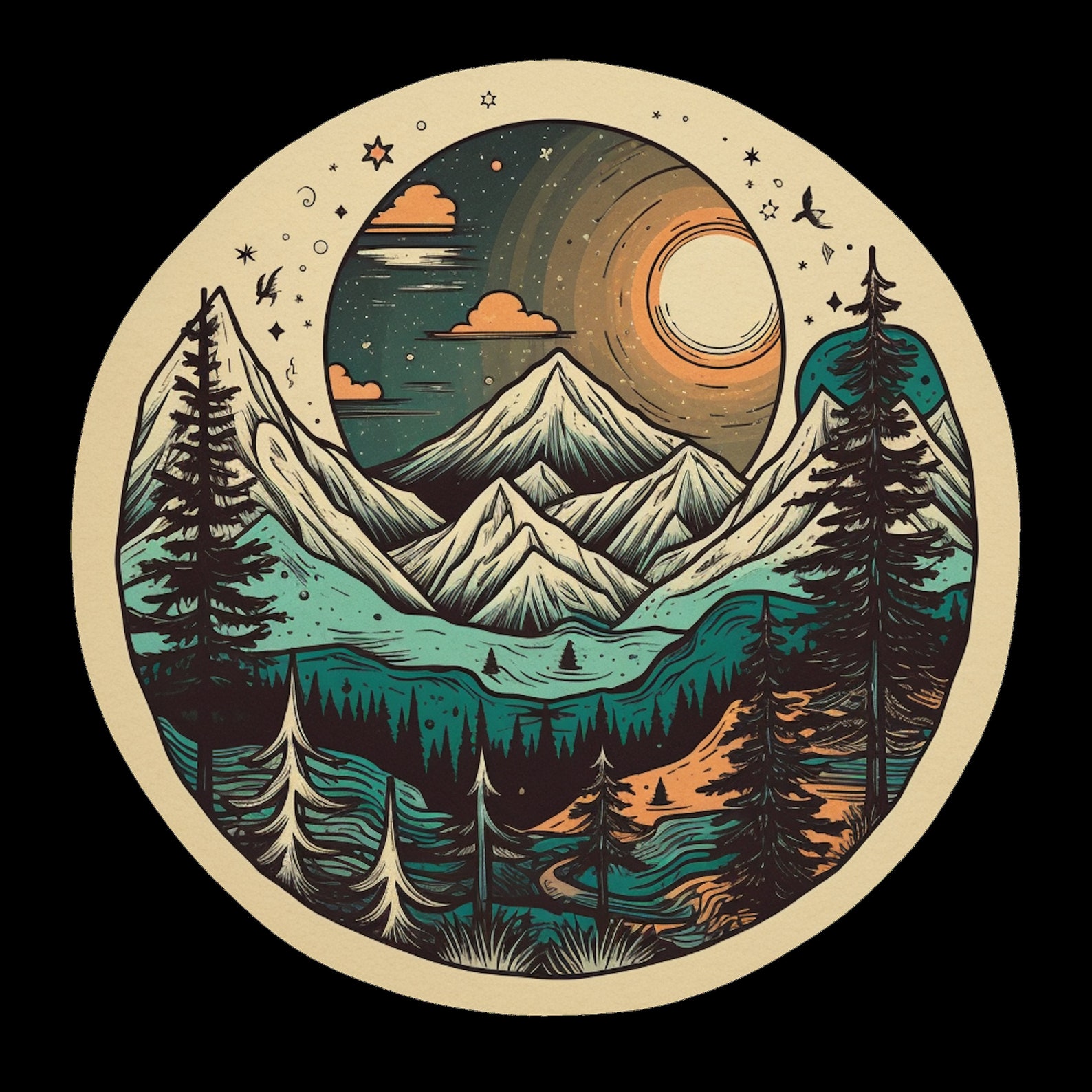 Digital Set of 5 Circle Mountain Art Designs Part I - Etsy