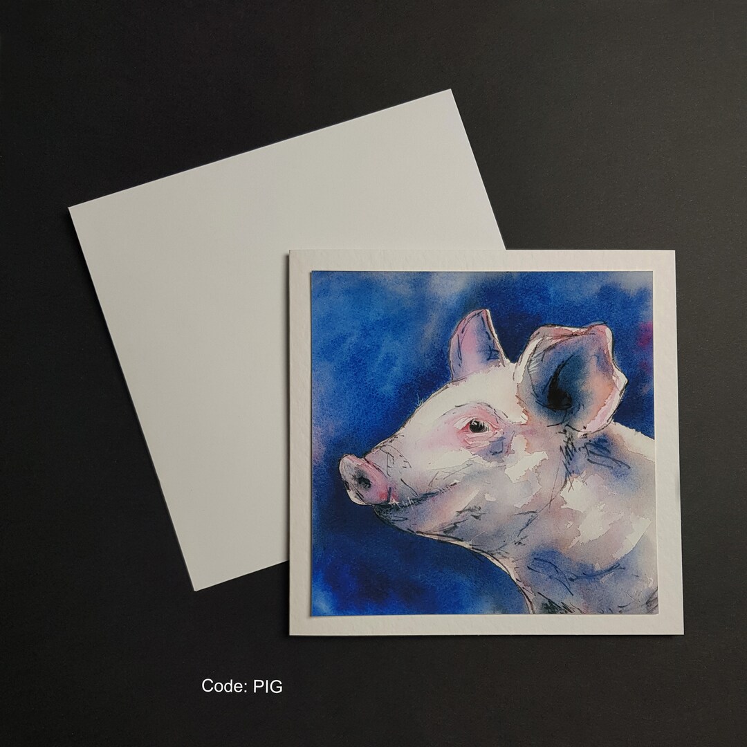 Happy Pig - 6x6in Square Greetings Card. Hammered 300gm Card With White ...
