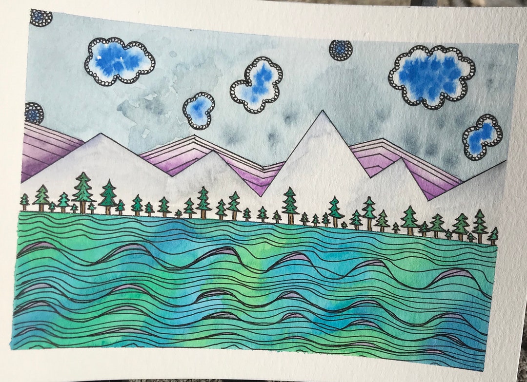 Geometric Future Landscape, 5x7, Original Watercolor Painting - Etsy