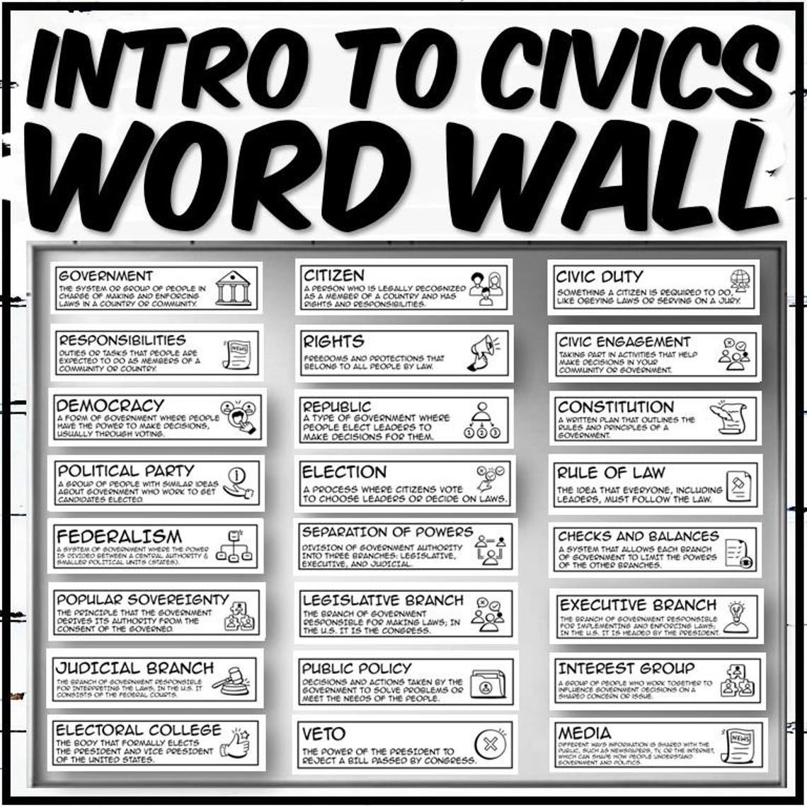Civics Word Wall Vocabulary Cards for Civic Literacy - Etsy