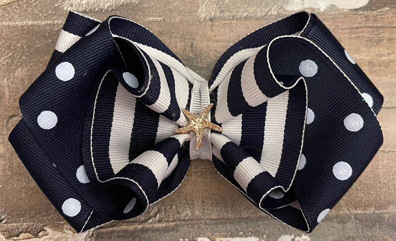 Blue and White Hair Bow With Sea Star, Sea Star Hair Bow, Summer Hair ...