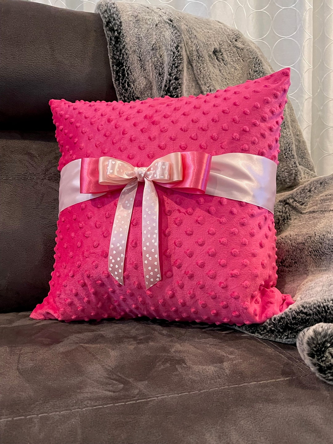 Soft Hot Pink Raised Fabric Dot Fleece 18x18 Throw Pillow Cover With ...
