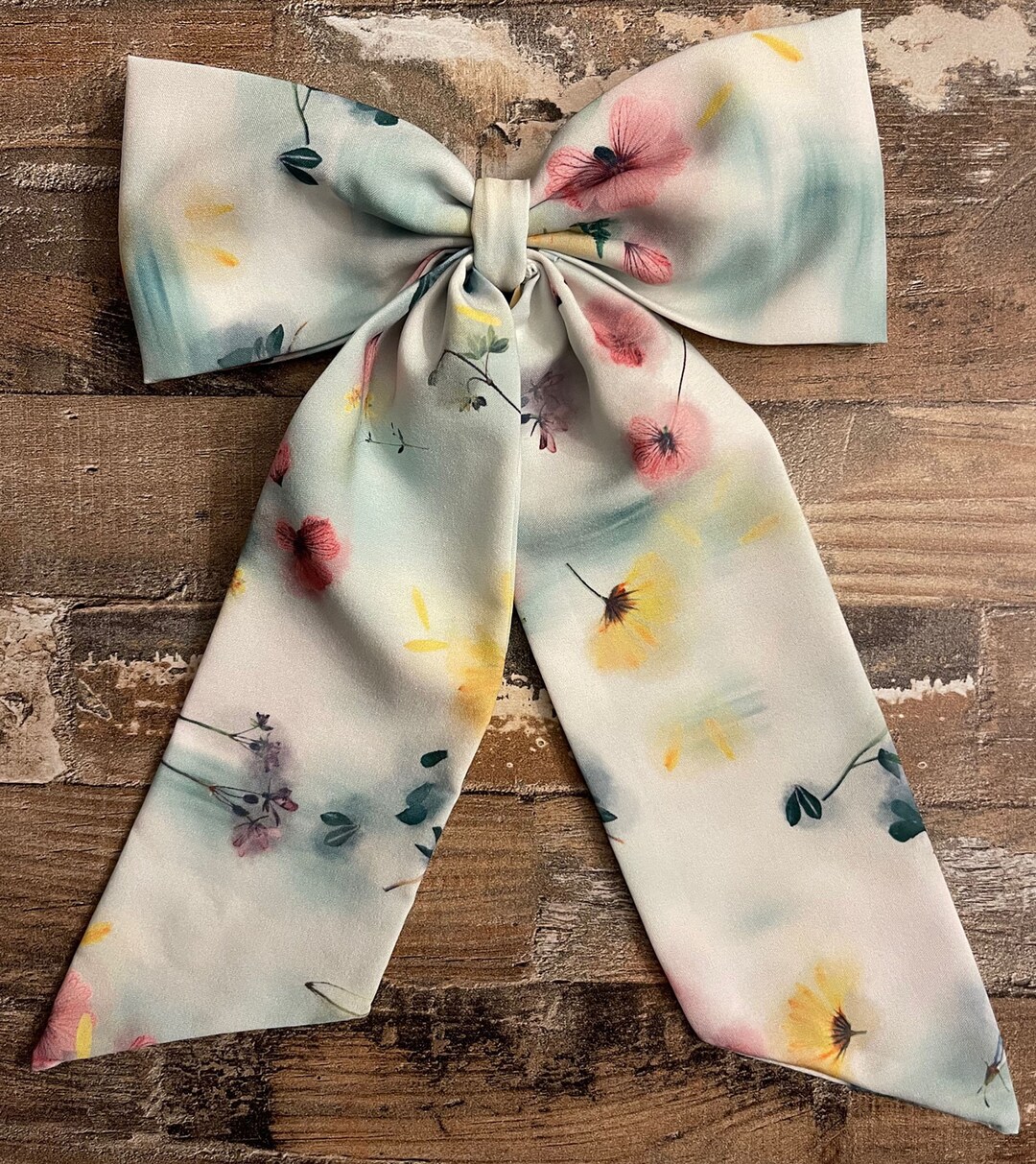 Silky Pastel Floral Long Tail Hair Bow (choose Alligator Clip or French ...