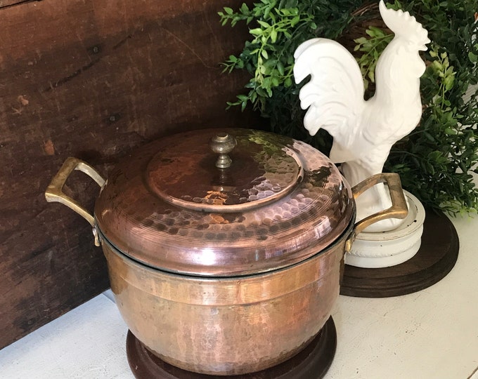 Hammered Copper Pot W/lid & Brass Handles - 3.5 QT. Vintage Copper Pot ...