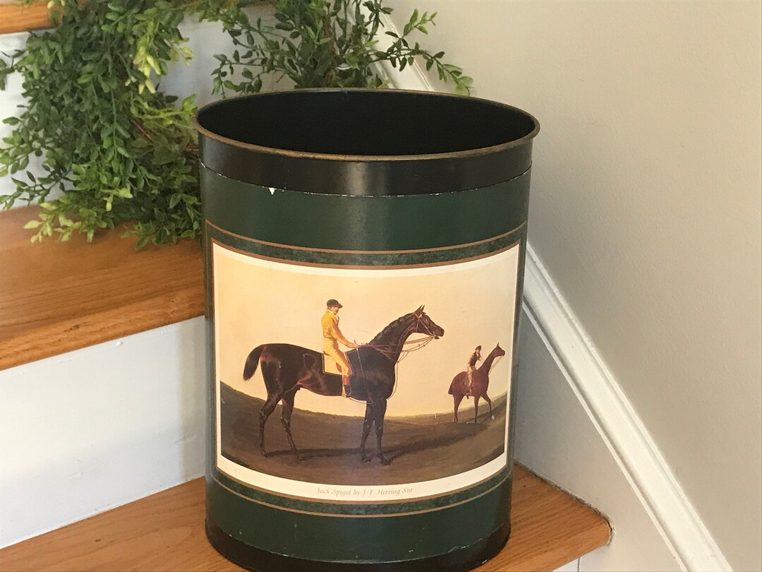 Vintage Wastebasket Trashcan Equestrian Theme Metal Wastepaper Bin ...