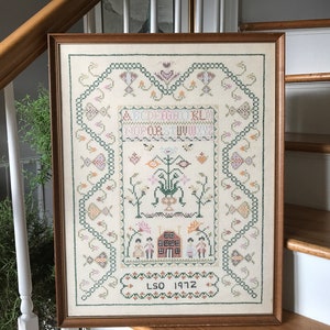 Large Cross Stitch Sampler Framed Vintage Linen Cross Stitch Sampler Stitch Wall Decor Vintage ...