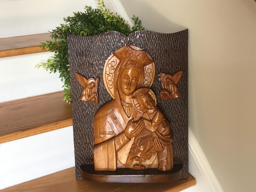 Vintage Wood Carved Religious Icon Art Plaque - Wooden Virgin Mary ...