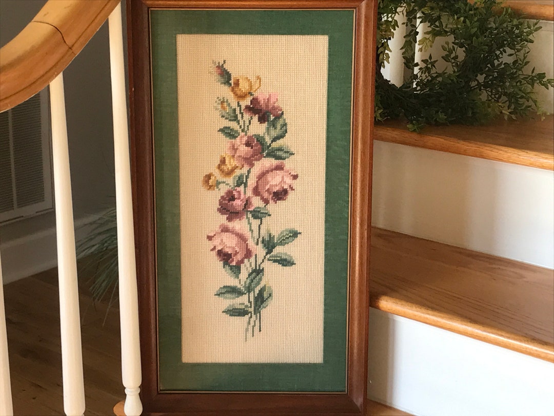 Framed Floral Needlepoint Art Vintage Rose Needlepoint Art Framed Rose ...