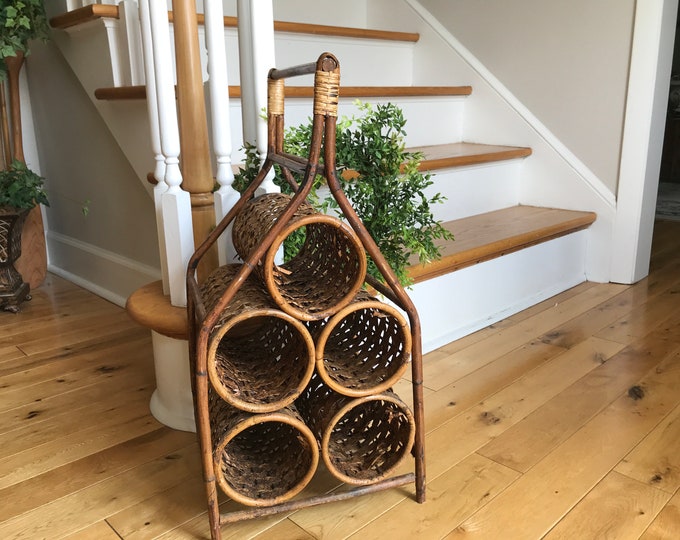 Vintage Wicker Rattan & Bamboo Wine Holder Rack - Wine Storage ...