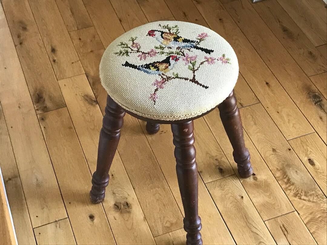 Vintage Needlepoint Stool - Vintage Wooden Stool - Vintage Cushion Top ...