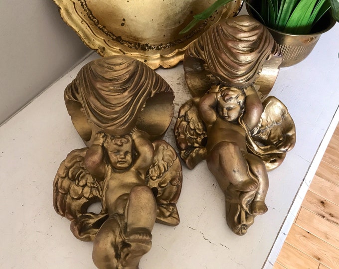 Vintage Curtain Rod Brackets - Cherub Curtain Rod Holders - Gold Corbel ...