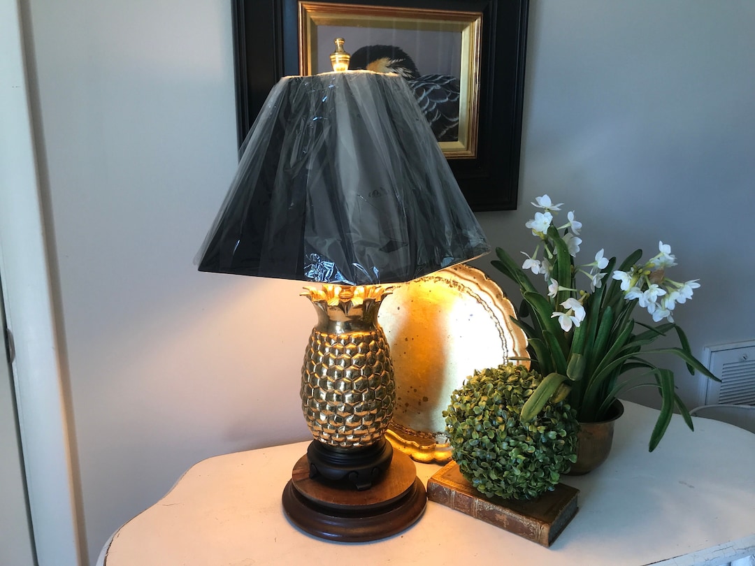 Brass Pineapple Lamp W/black Shade - Vintage Brass Pineapple Table Lamp ...