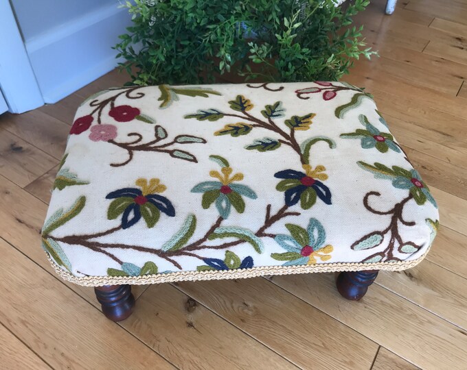 Antique Footstool - Needlework Footstool - Footrest Stool - Crewel ...