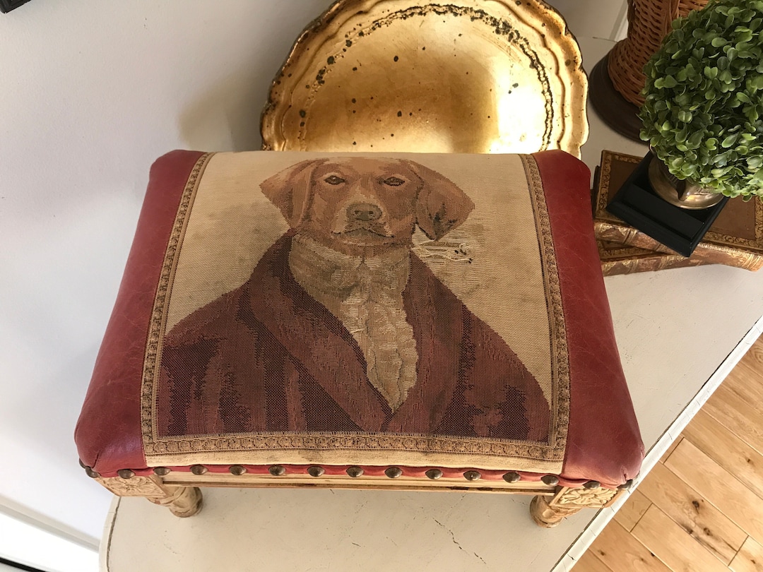Vintage Leather Footstool Red Leather Footstool Nobel Dog Tapestry ...