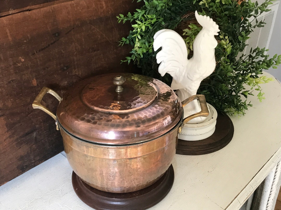 Hammered Copper Pot W/lid & Brass Handles 3.5 QT. Vintage Copper Pot W ...