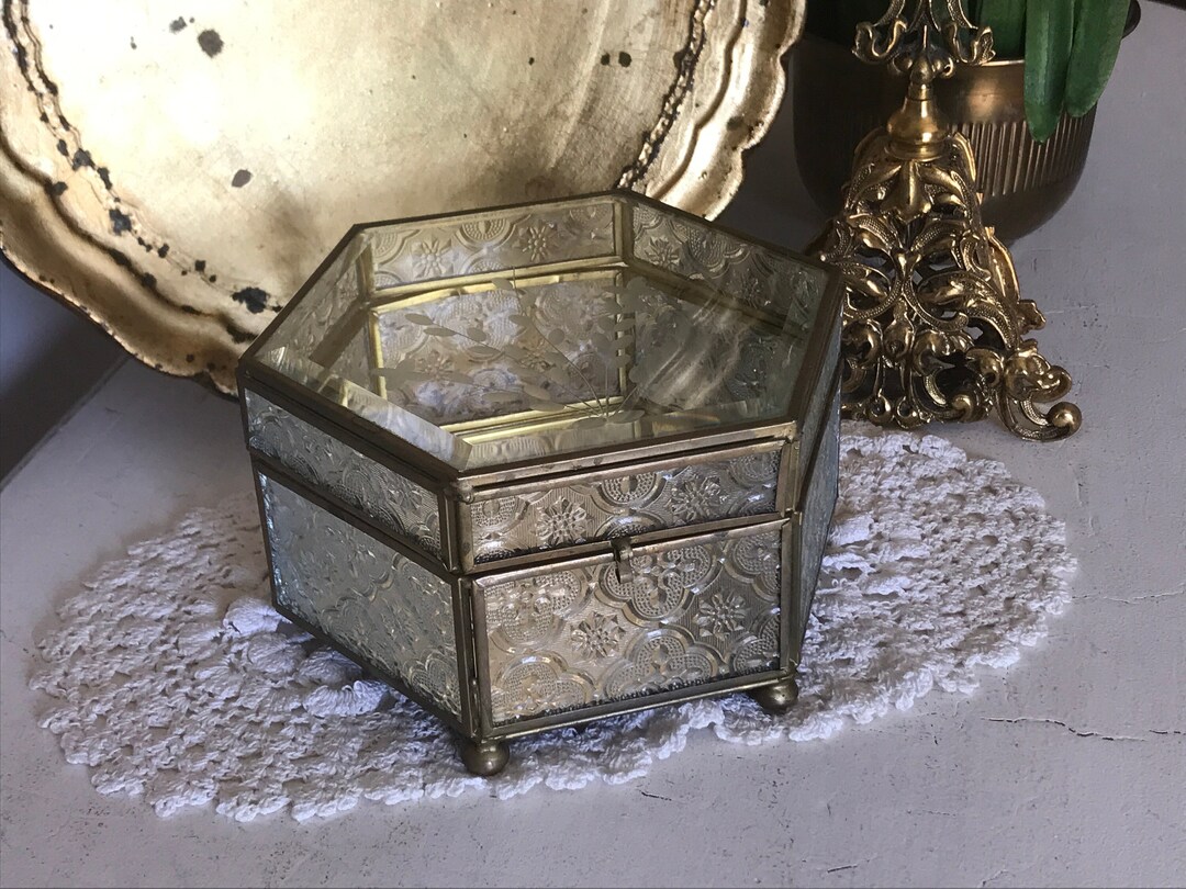 Glass & Brass Mirrored Display Box Vintage Etched Glass Trinket Box ...