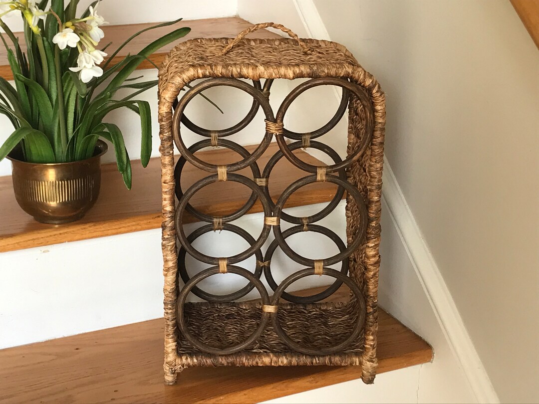 Vintage Wicker Rattan Wine Rack Vintage BOHO Wicker Wine 6 Bottle ...