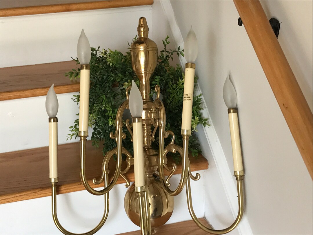 Vintage Brass 5 Arm Williamsburg Style Electric Wall Sconce - Brass Candelabra Wall Sconce Light ...