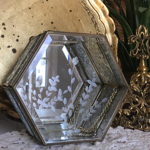 Glass & Brass Mirrored Display Box Vintage Etched Glass Trinket Box ...