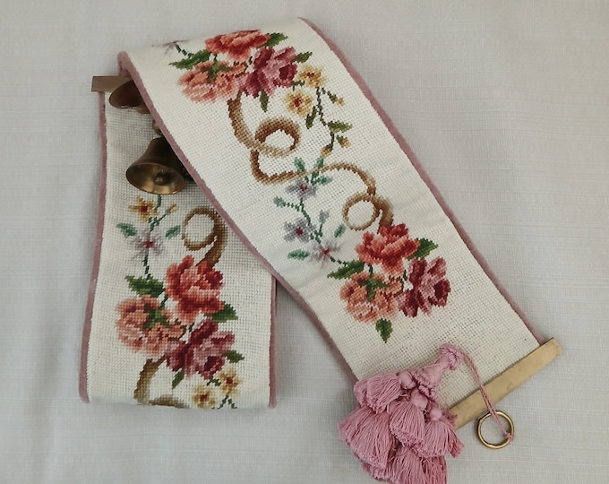 Vintage Needlepoint Bell Pull W/brass Accents & Working Brass Bell - 60 ...
