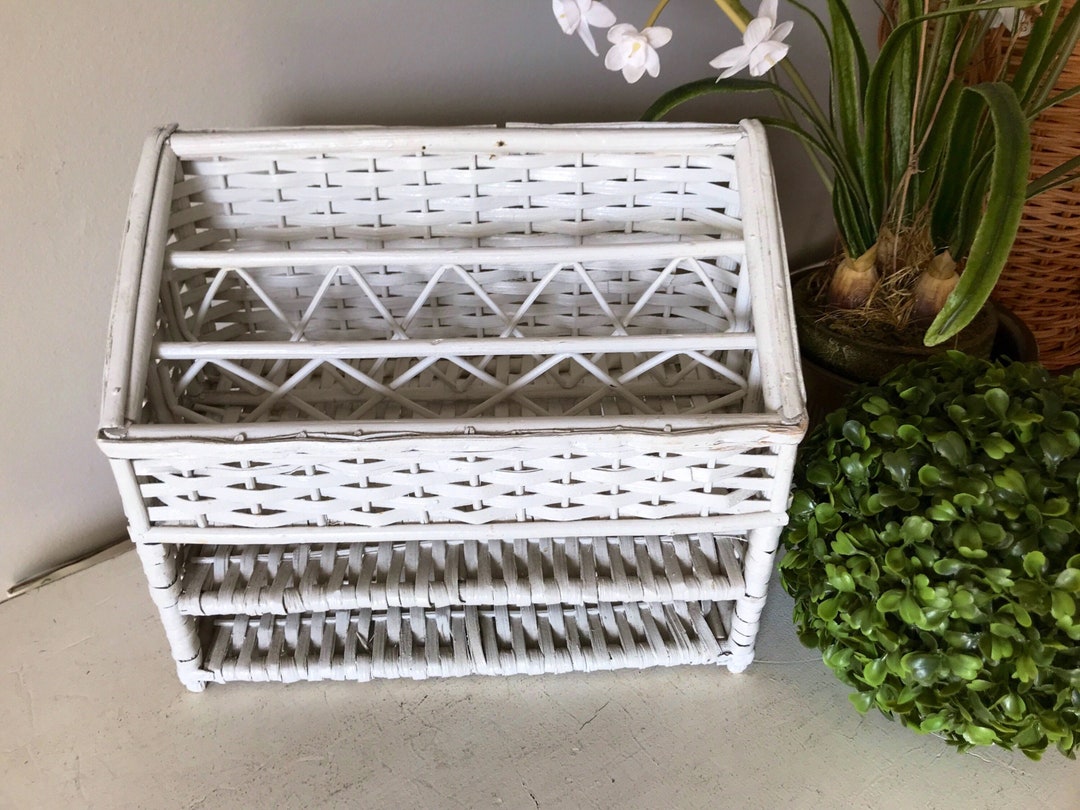White Wicker Rattan Desktop Organizer - Vintage Wicker Desk Organizer ...