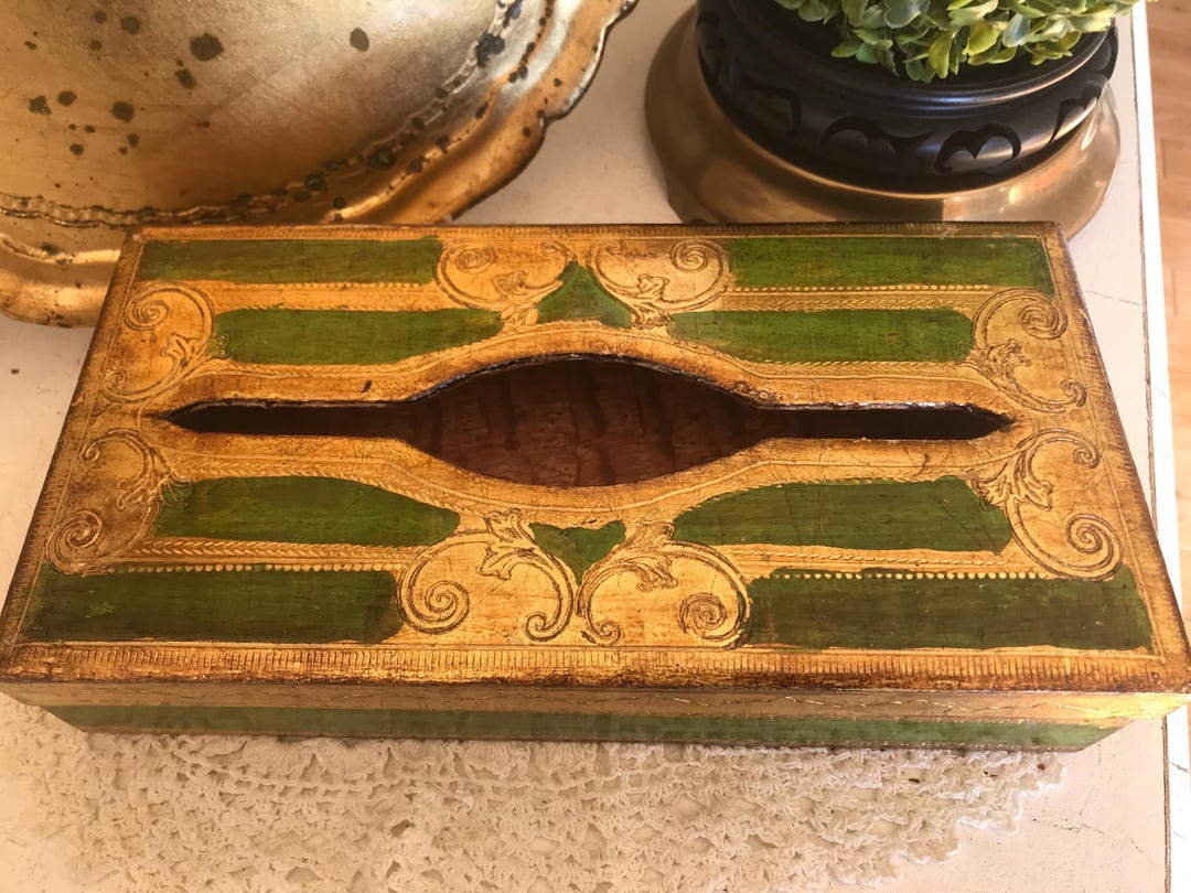 Vintage Florentine Italian Tissue Box Holder, Green and Gilt Gold, Made ...