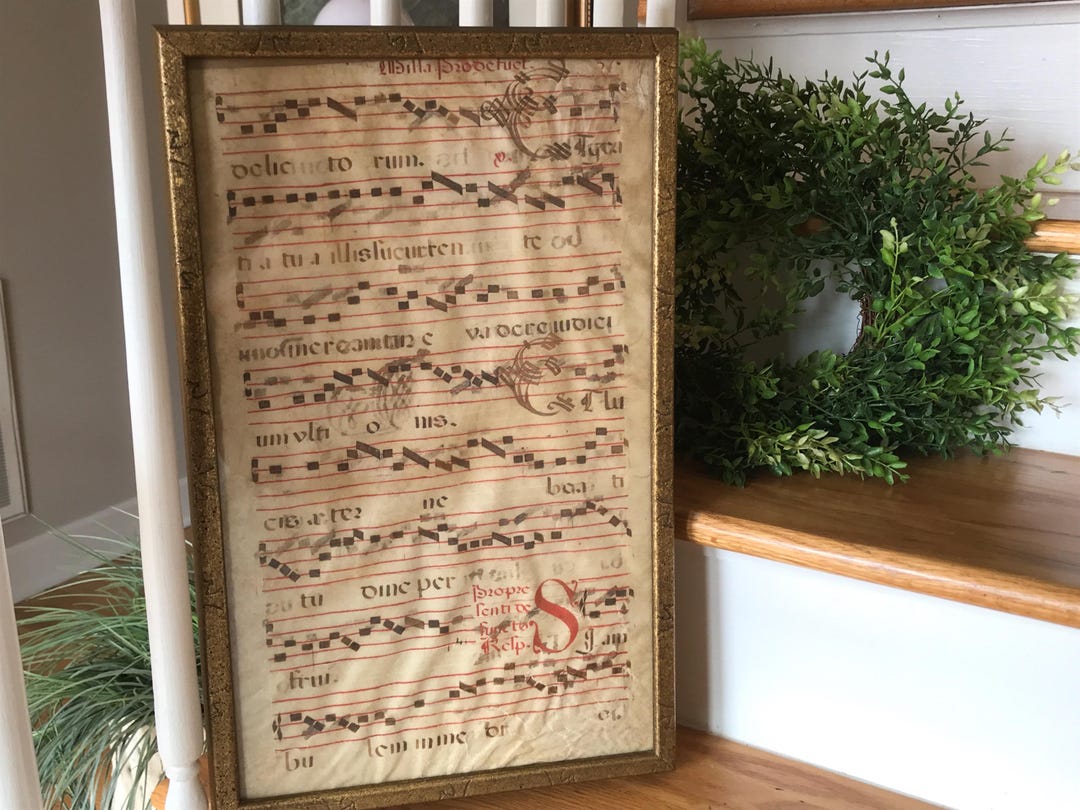 Antique Antiphonary Sheepskin Music - Antique Framed Liturgical Leaf ...