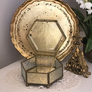 Glass & Brass Mirrored Display Box Vintage Etched Glass Trinket Box ...