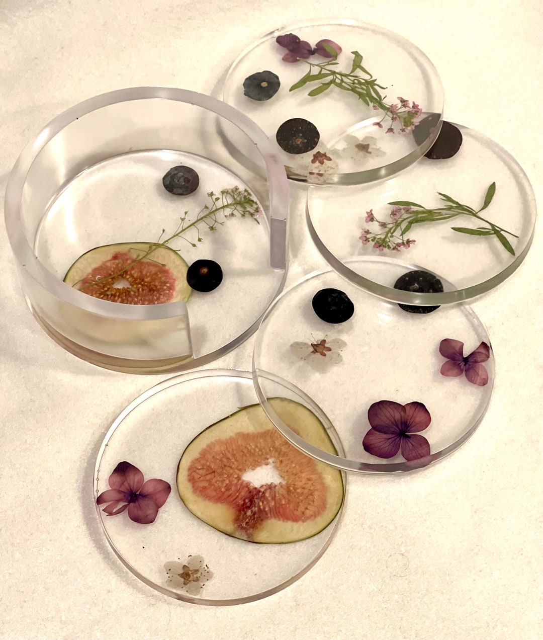 Purple Floral & Fruit Coaster Set, Botanical Coasters, Fruit Drink ...