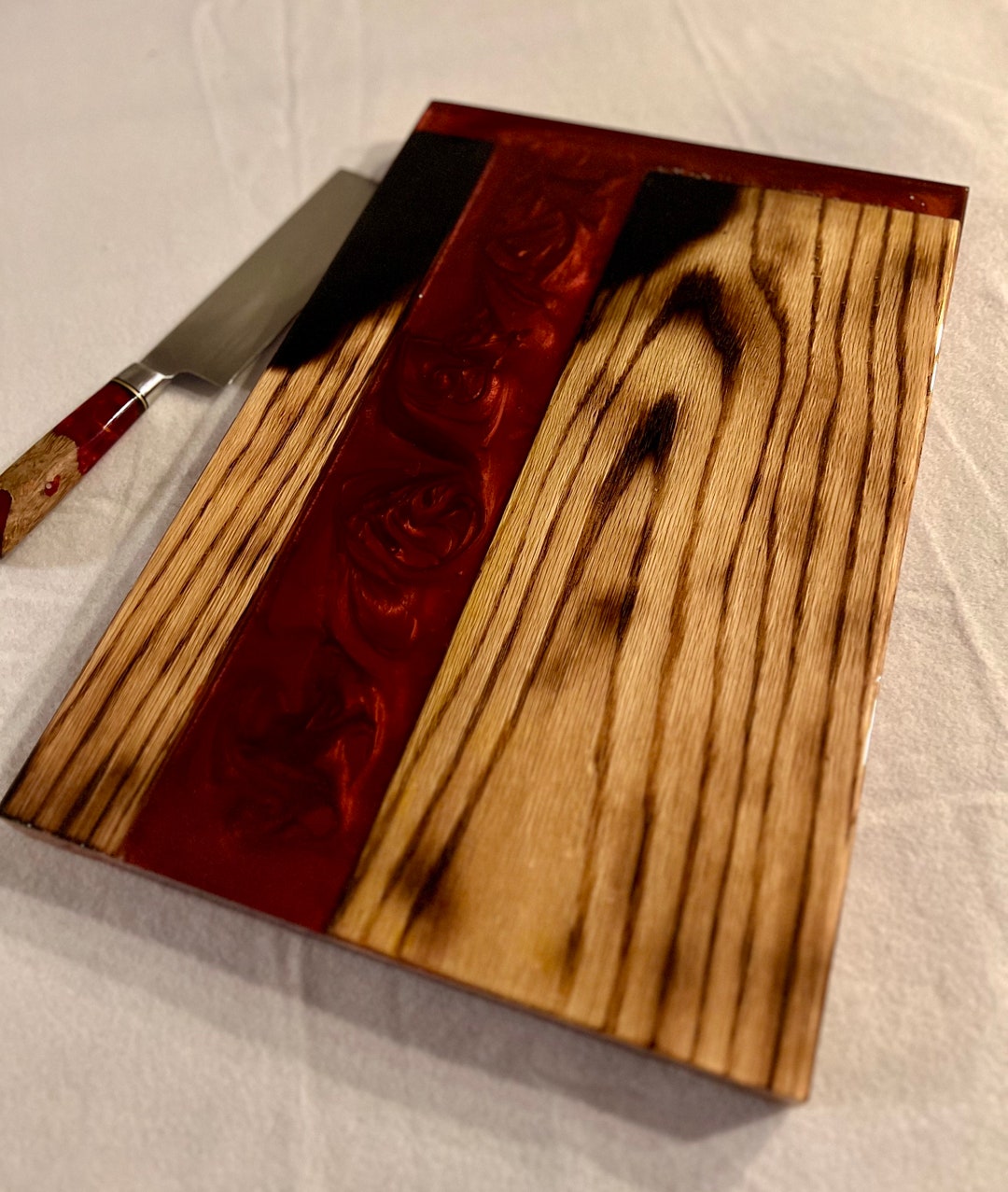 Handmade Charcuterie Board Charred Red Oak Marbled Scarlet Resin Rose ...