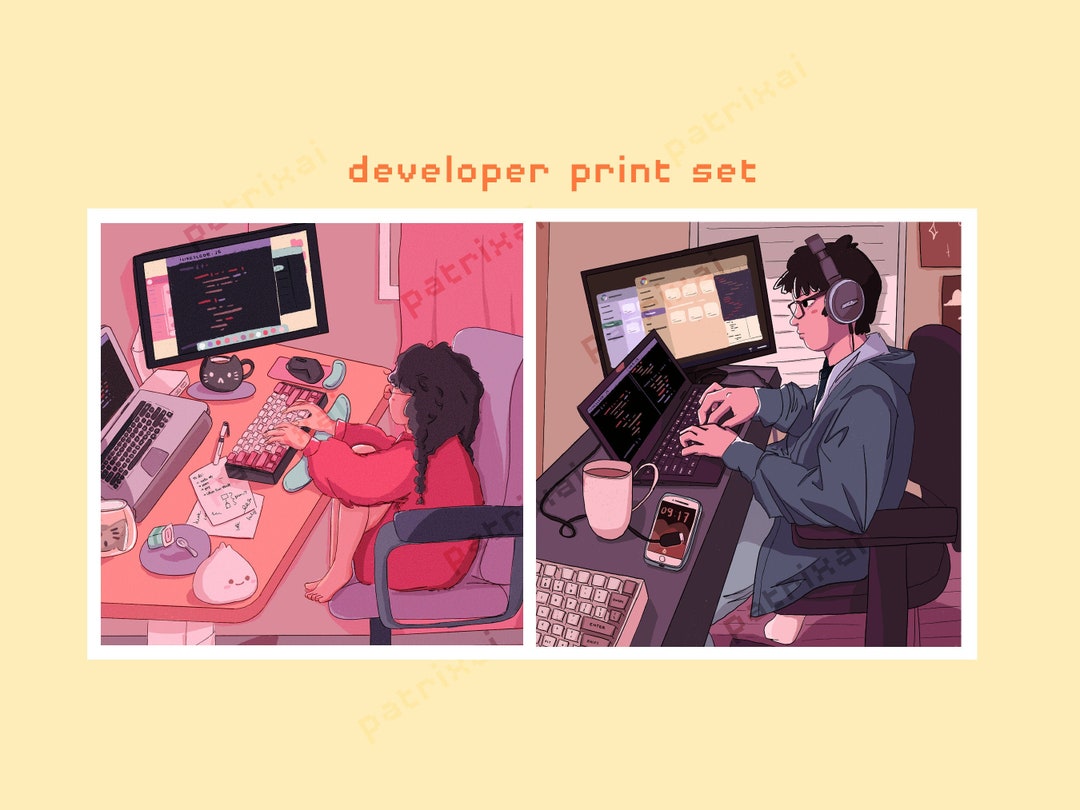 Cute Engineering Art Print Set of 2 Anime Developers Art - Etsy