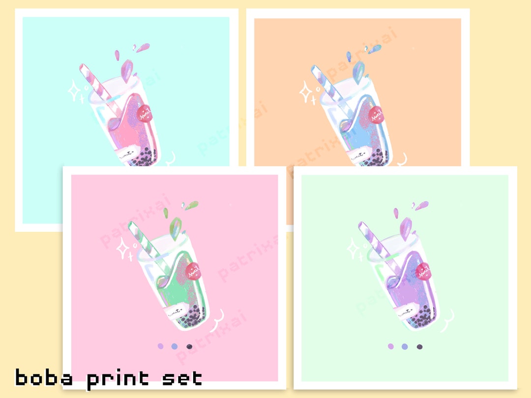 Boba Tea Prints Set of 4 Bubble Tea Print Set Milk Tea Print Set Cute ...