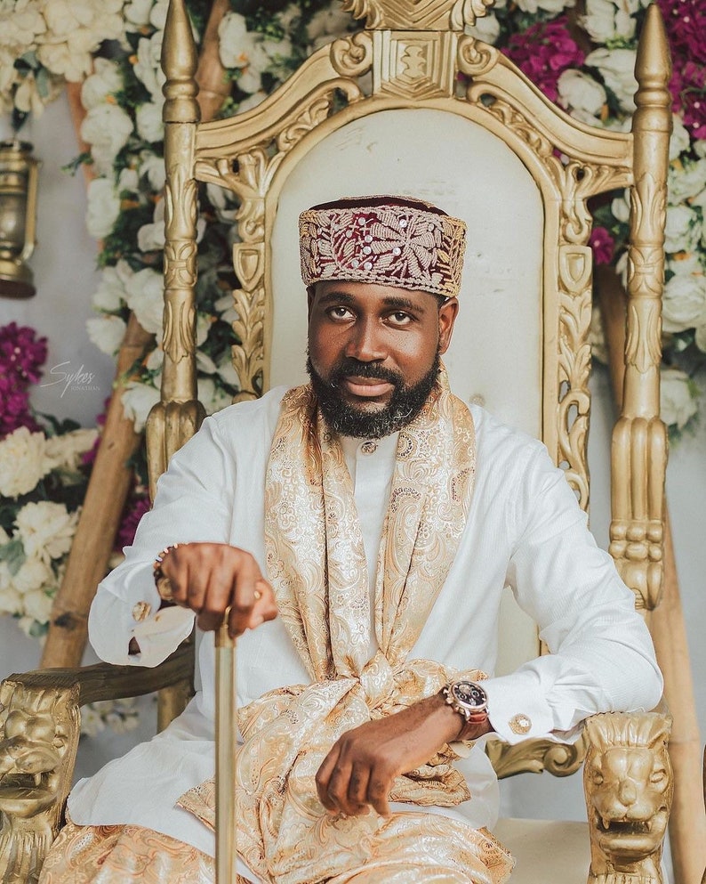 Blue & Gold African Chieftaincy Wedding Hat. Igbo Ozo Cap - Etsy