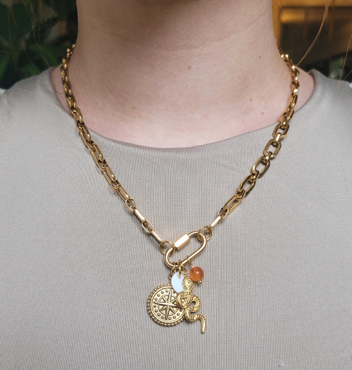 Collier modulable et interchangeable avec mousqueton et charms en acier ...