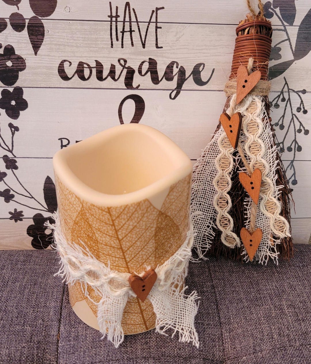 Candle and Broom Set, Flameless Flicker Candle Gift Set, Rustic Candle ...