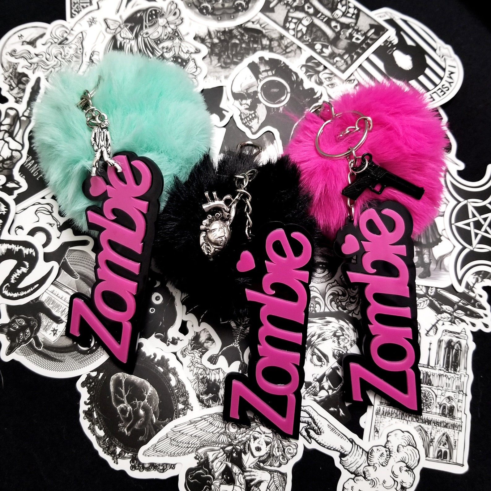 Custom Zombie Puff KeyChain Choose your charm and color | Etsy