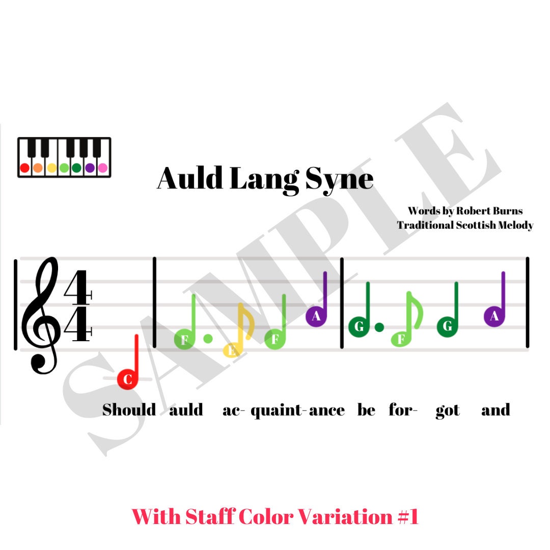 Auld Lang Syne Lead Sheet Beginner Music (pre-staff/color Coded/with ...