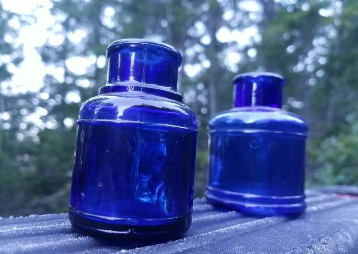 Beautiful Antique Pair of Cobalt Blue Ink Wells! 2 Clean Old Blue Ink ...