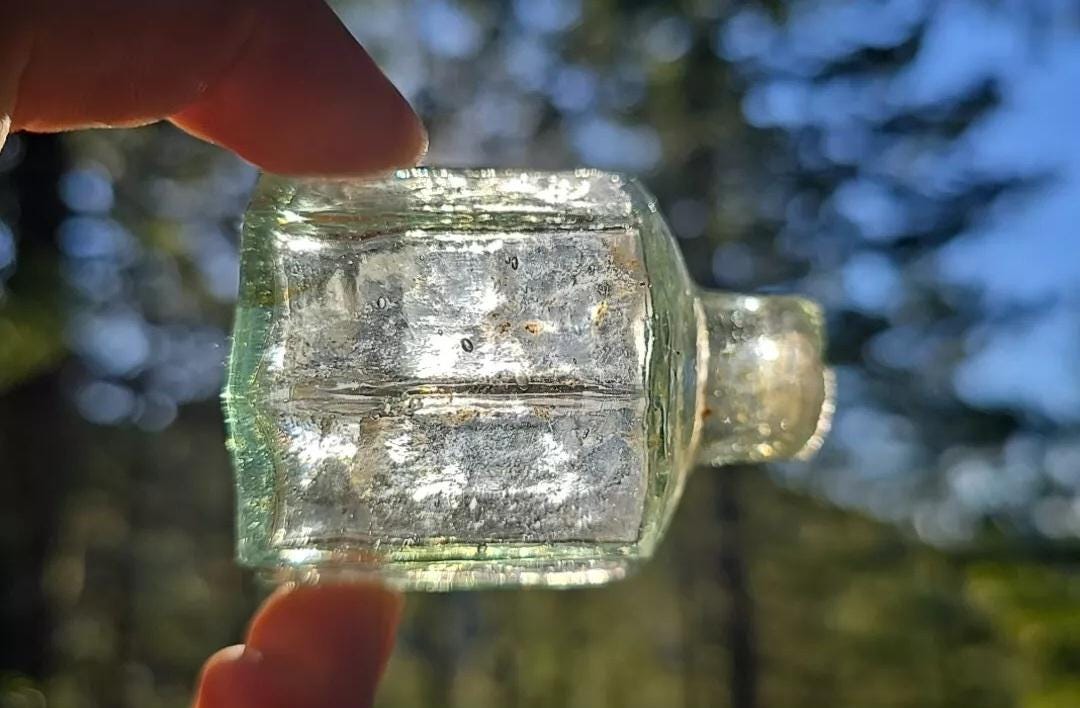 1 Antique English Inkwell. Old Aqua Eight Sided Ink Bottle With Side ...